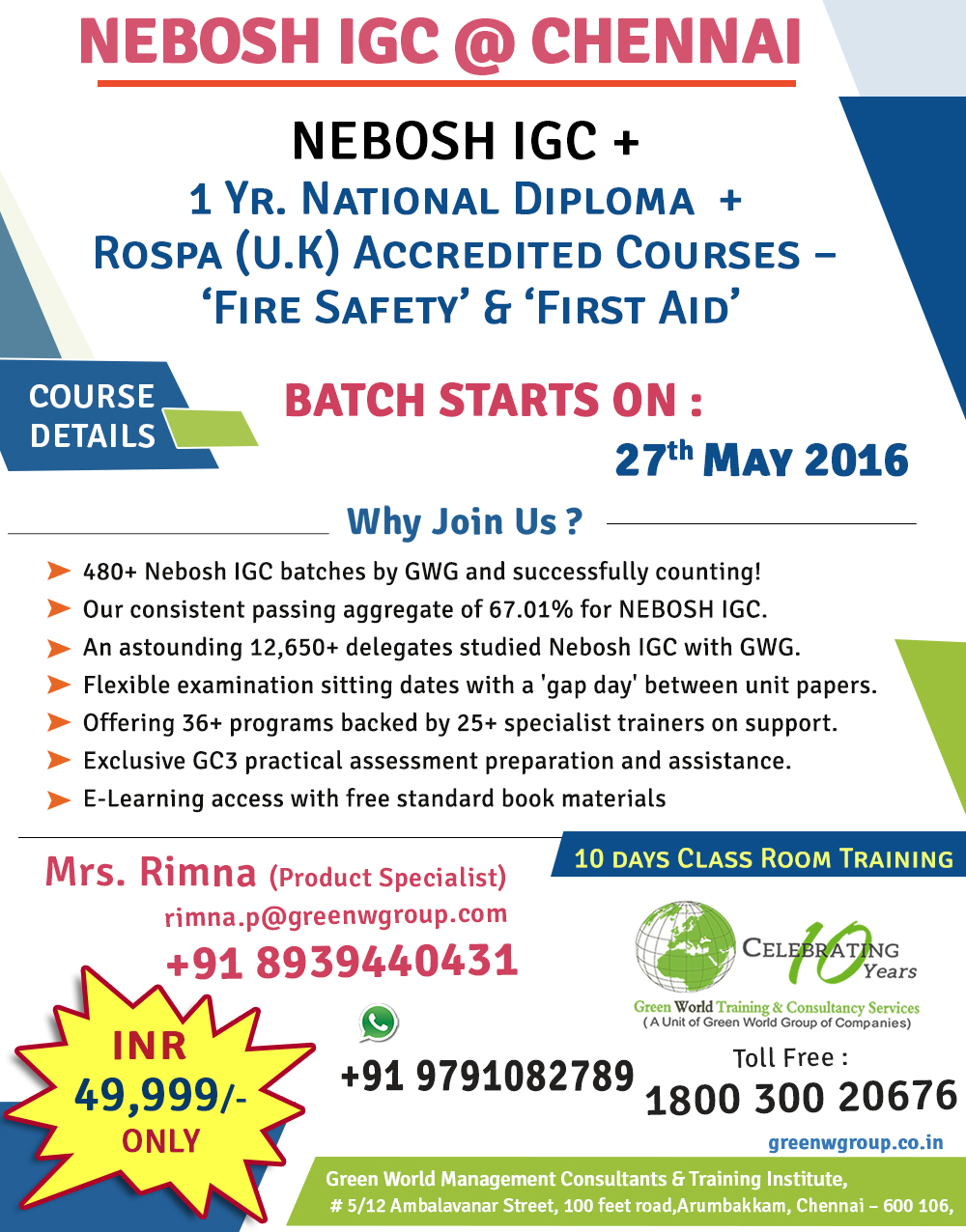 NEBOSHIGC_Chennai_March - GREEN WORLD GROUP INDIA | Nebosh Course | Safety Training | IOSH