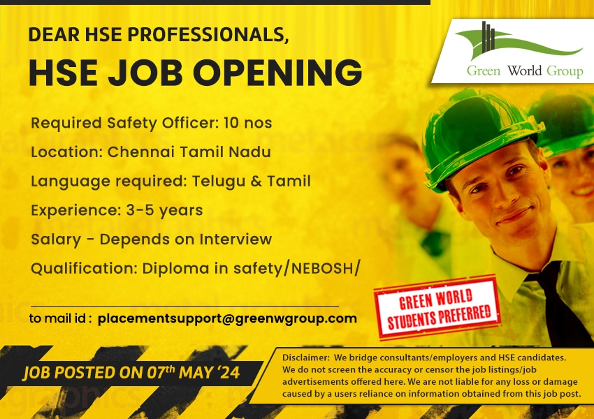 Safety officer jobs in Chennai Kolkata Mumbai Bangalore Hyderabad ...